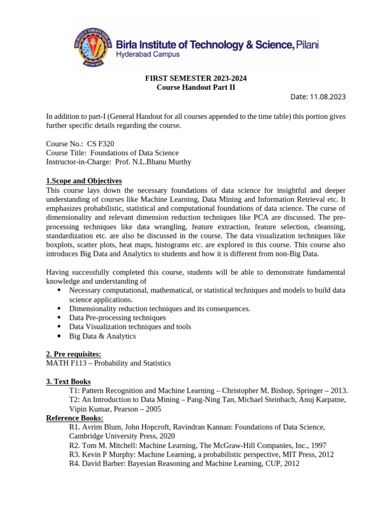 CS F320 Foundations of Data Science - Handout | PDF