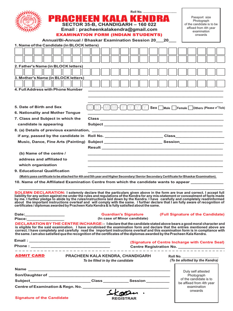 PKK - Color - Annual Admission Form-2024-25 (Indian Students) | PDF
