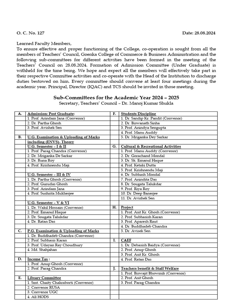 Office Circular 127 Dated 28.08.2024 TC Sub Committees 2024 25 | PDF