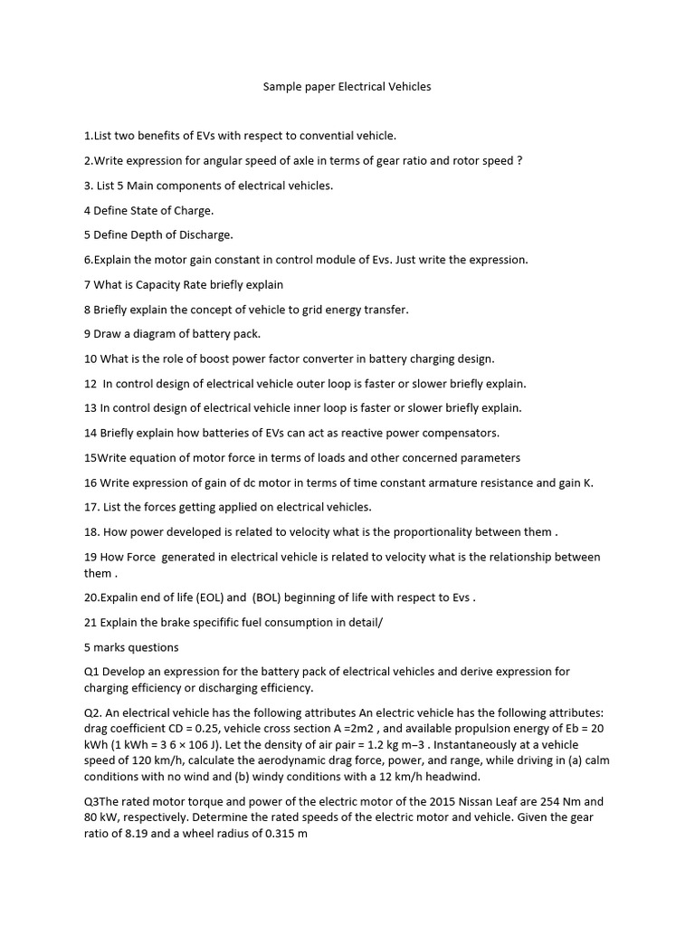 Sample Paper Electrical Vehicles | PDF