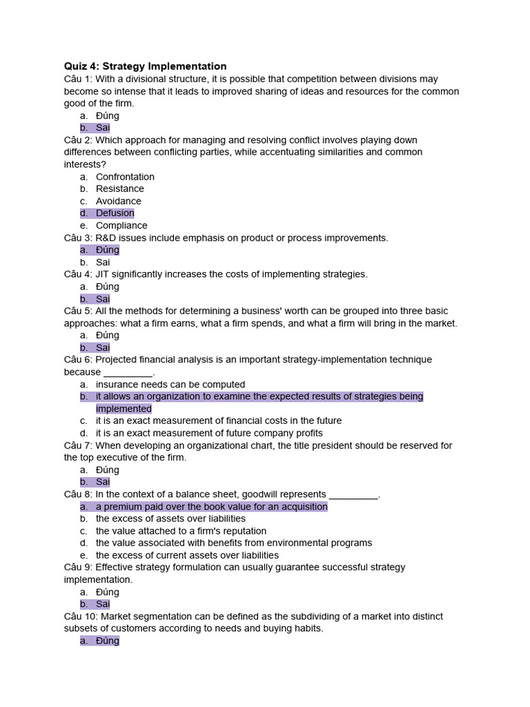 Quiz 4 - Strategy Implementation | PDF