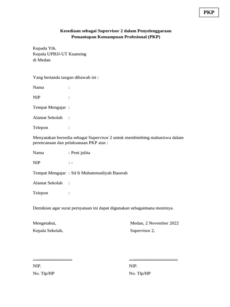 PKP - Surat Kesediaan Sebagai Supervisor 2 | PDF