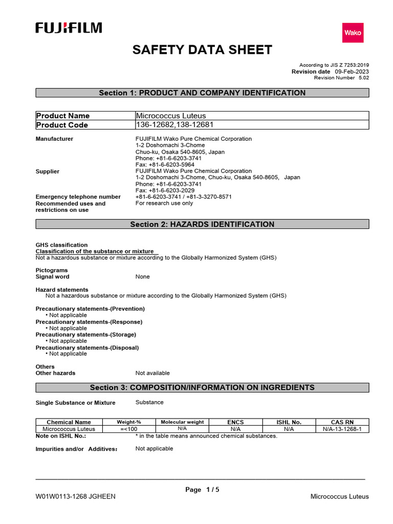 Msds Micrococcus Luteus | PDF | Workplace | Wellness