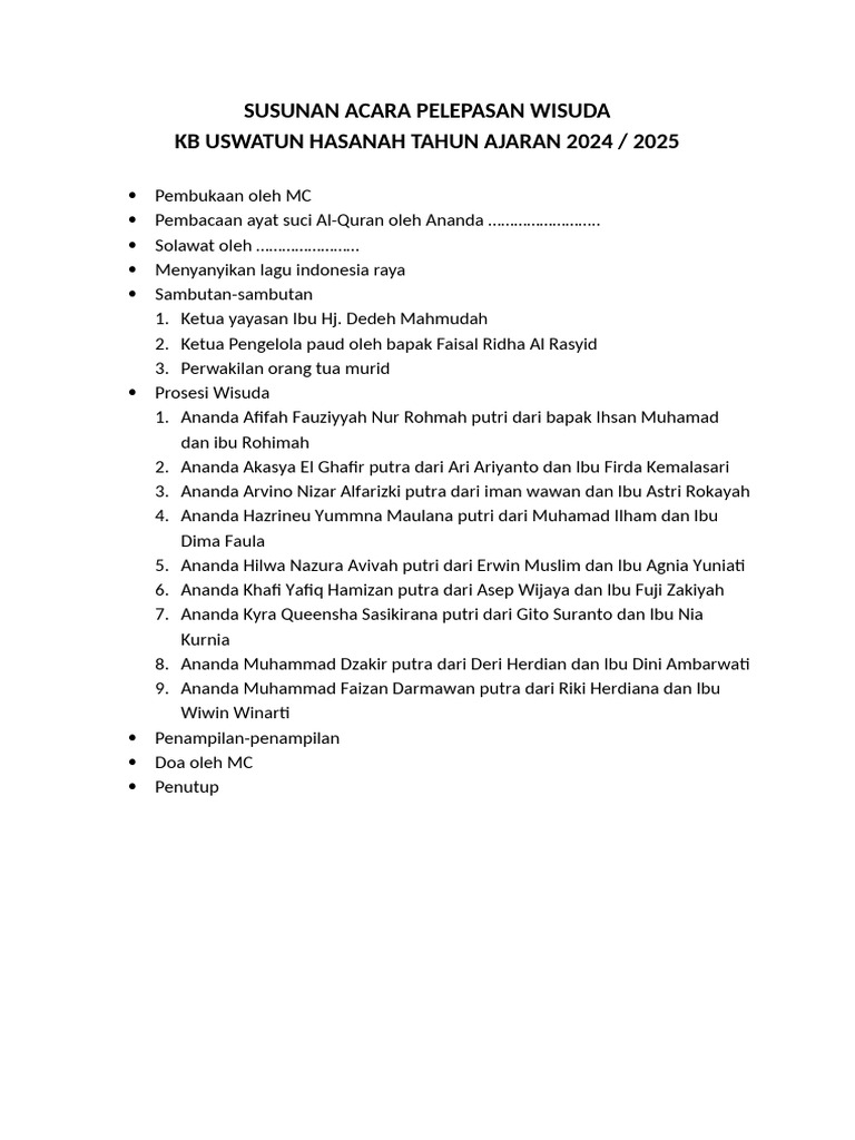 Susunan Acara Wisuda KB Uswatun Hasanah | PDF