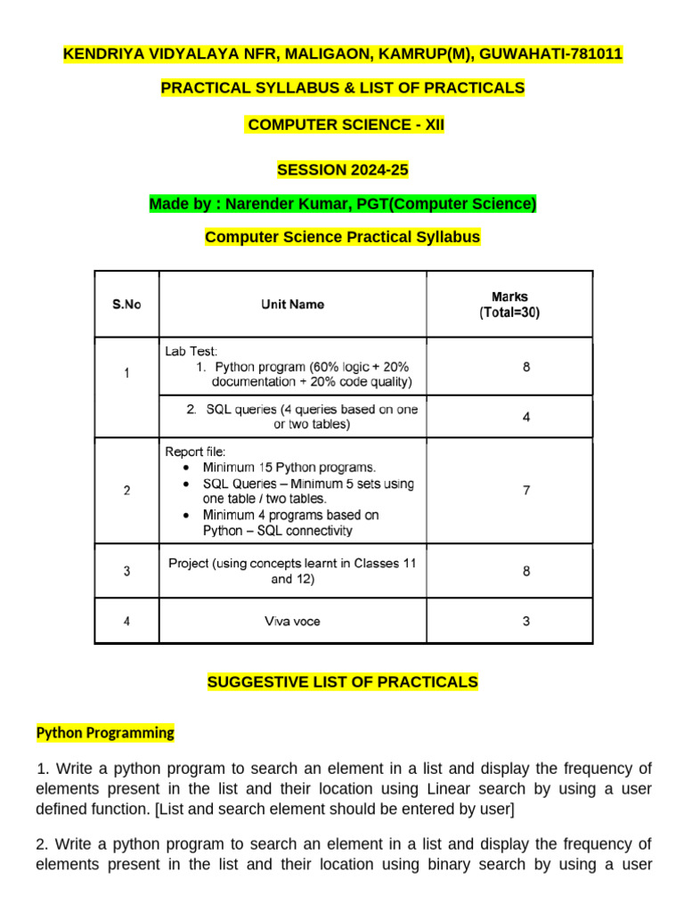 XII Computer Science 2023-2024 Practical List | PDF