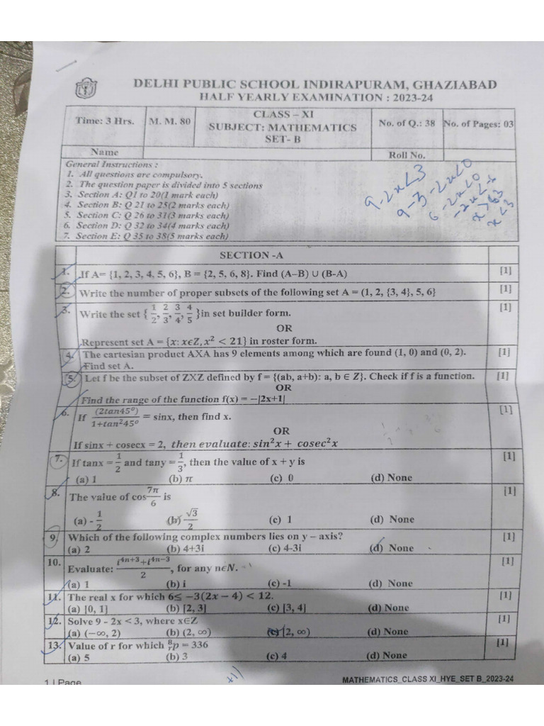 DPS Indrpuram Half Yearly Paper | PDF