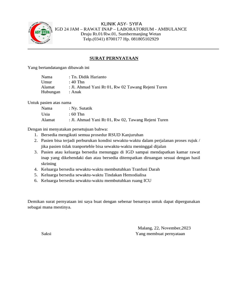 Surat Pernyataan Rujuk Rsud | PDF