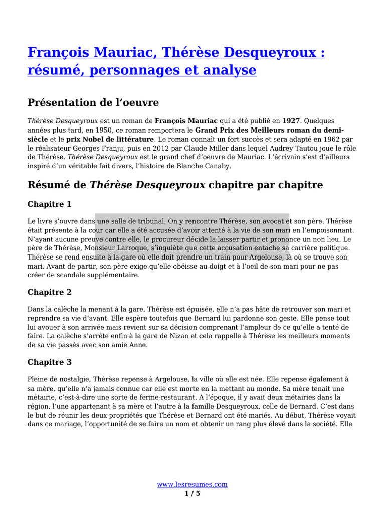 Francois Mauriac Therese Desqueyroux Resume Personnages Et Analyse | PDF