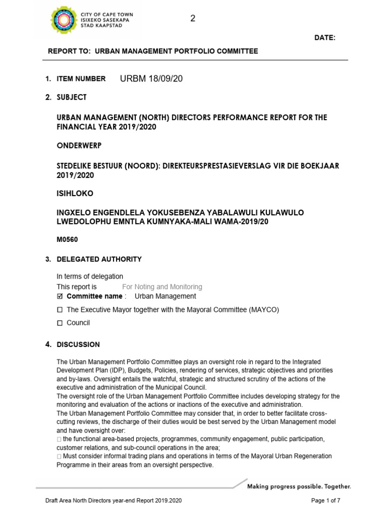 Urbm18070920 - Urban Management (North) Directors Performance Report ...