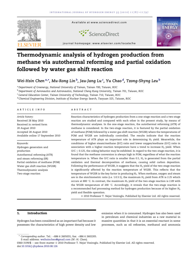 Chen Thermodynamic Analysis Of Hydrogen Production From Methane Via Autothermal Reforming Pdf