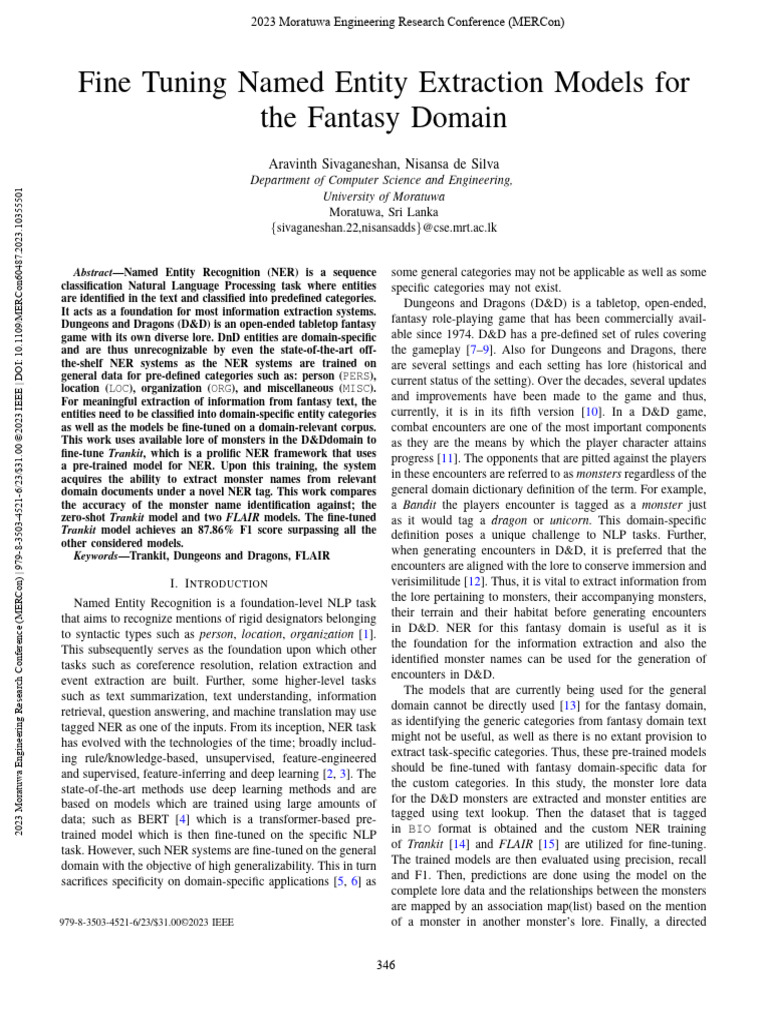 Fine Tuning Named Entity Extraction Models For The Fantasy Domain Pdf
