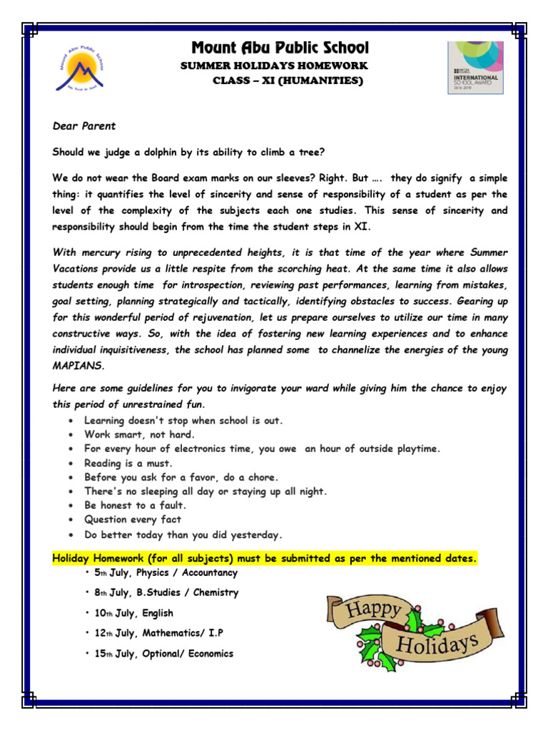 Summer Holidays Homework Class Xi (Humanities) : Dear Parent | PDF