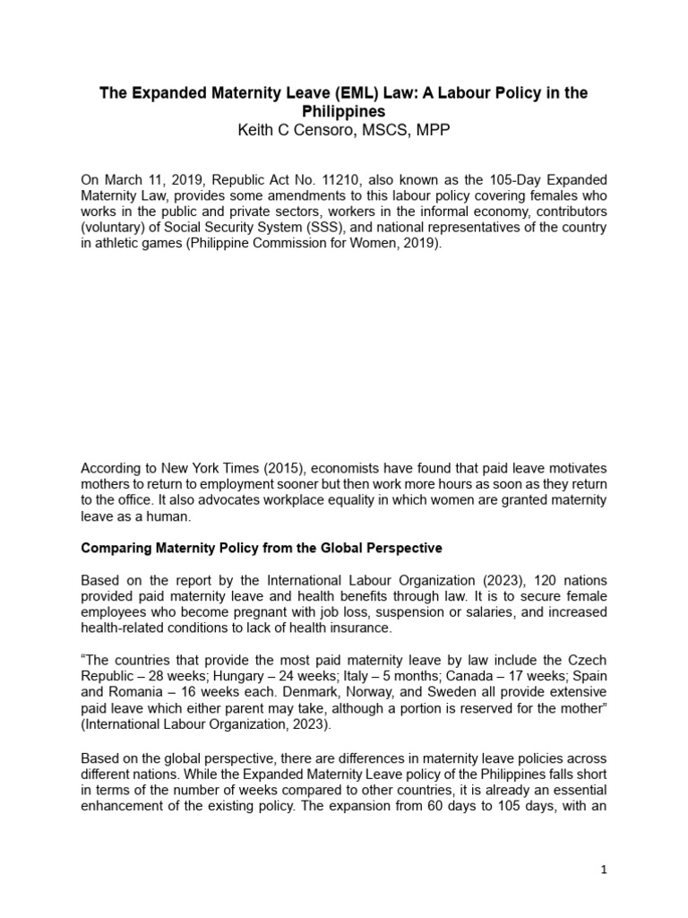 The Expanded Maternity Leave (EML) Law- A Labour Policy in the ...