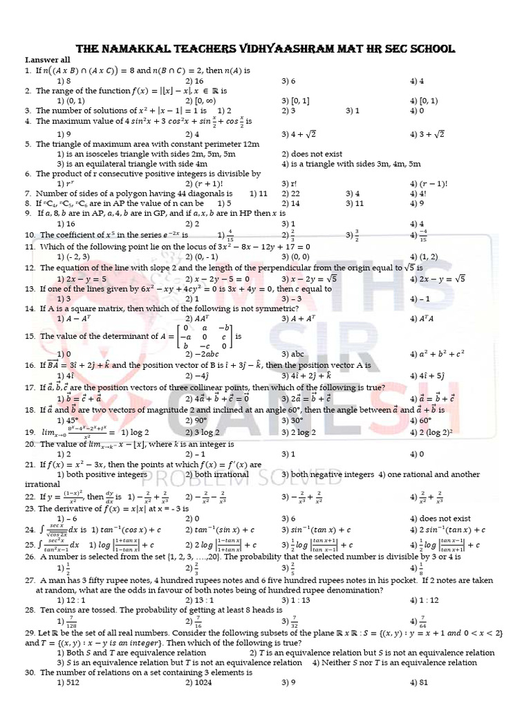 11 One Mark Test | PDF | Matrix (Mathematics) | Euclidean Vector