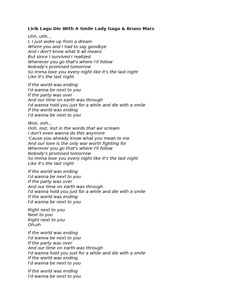 Lirik Lagu Die With A Smile Lady Gaga | PDF