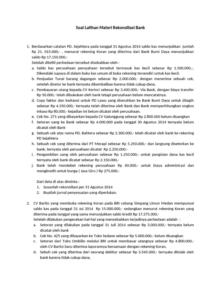 Soal Latihan Rekonsiliasi Bank Pdf