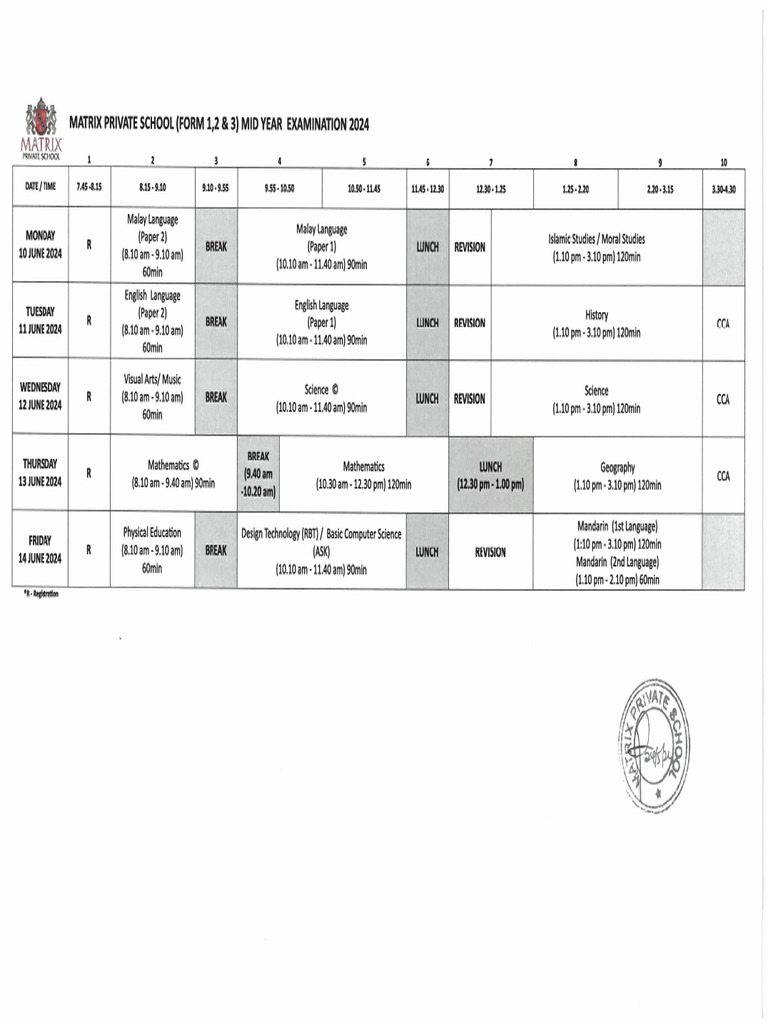 MID YEAR EXAM TIMETABLE F1-F3 | PDF