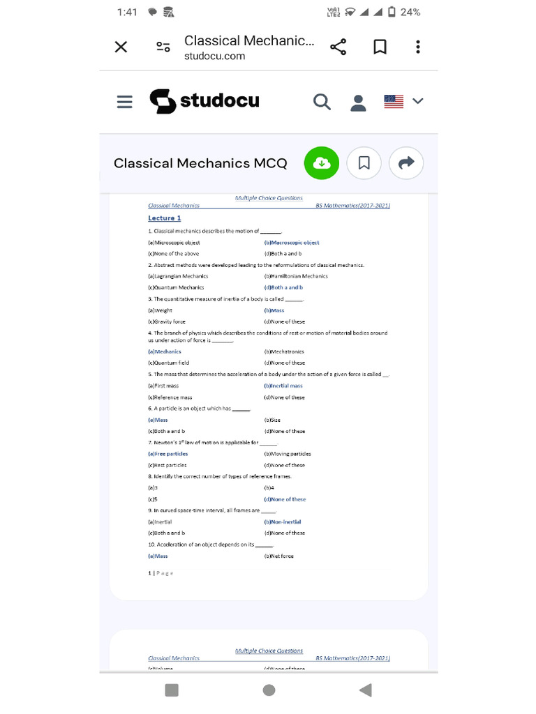 Classical Mechanics MCQS | PDF