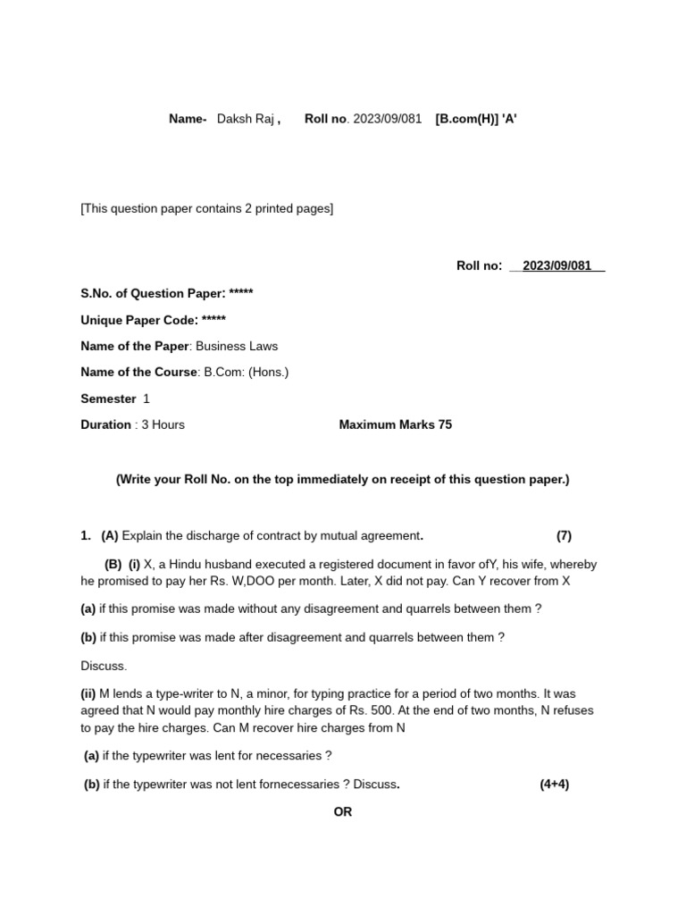 business law question paper | PDF