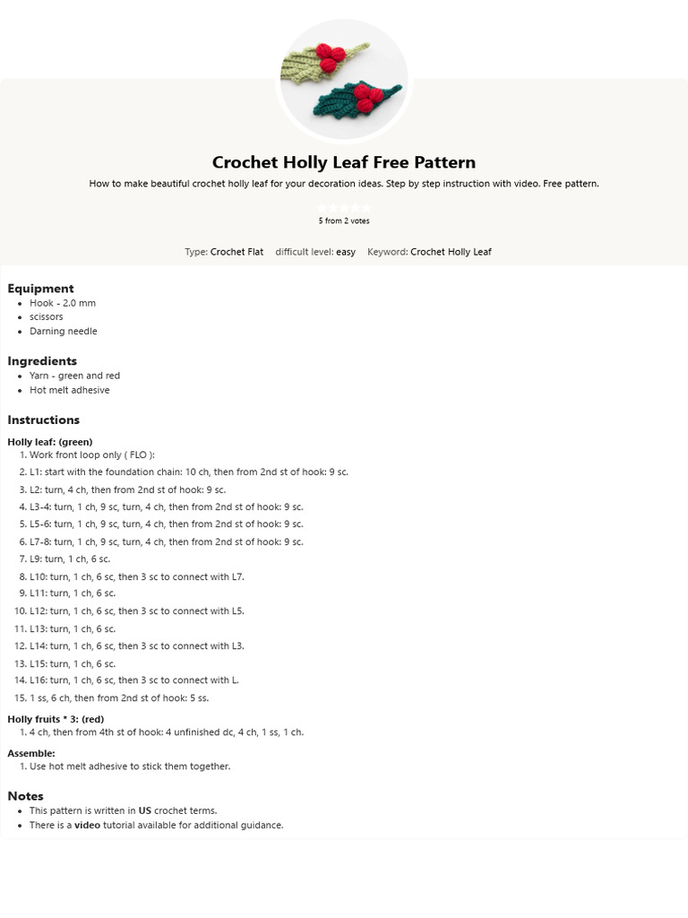 Crochet Holly Leaf Free Pattern - Hookok | PDF