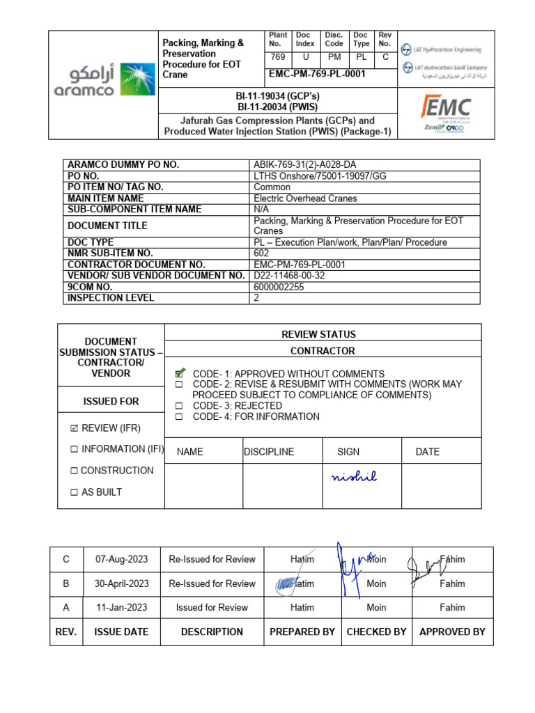 EMC-PM-769-PL-0001 Preservation of EOT Crane | PDF