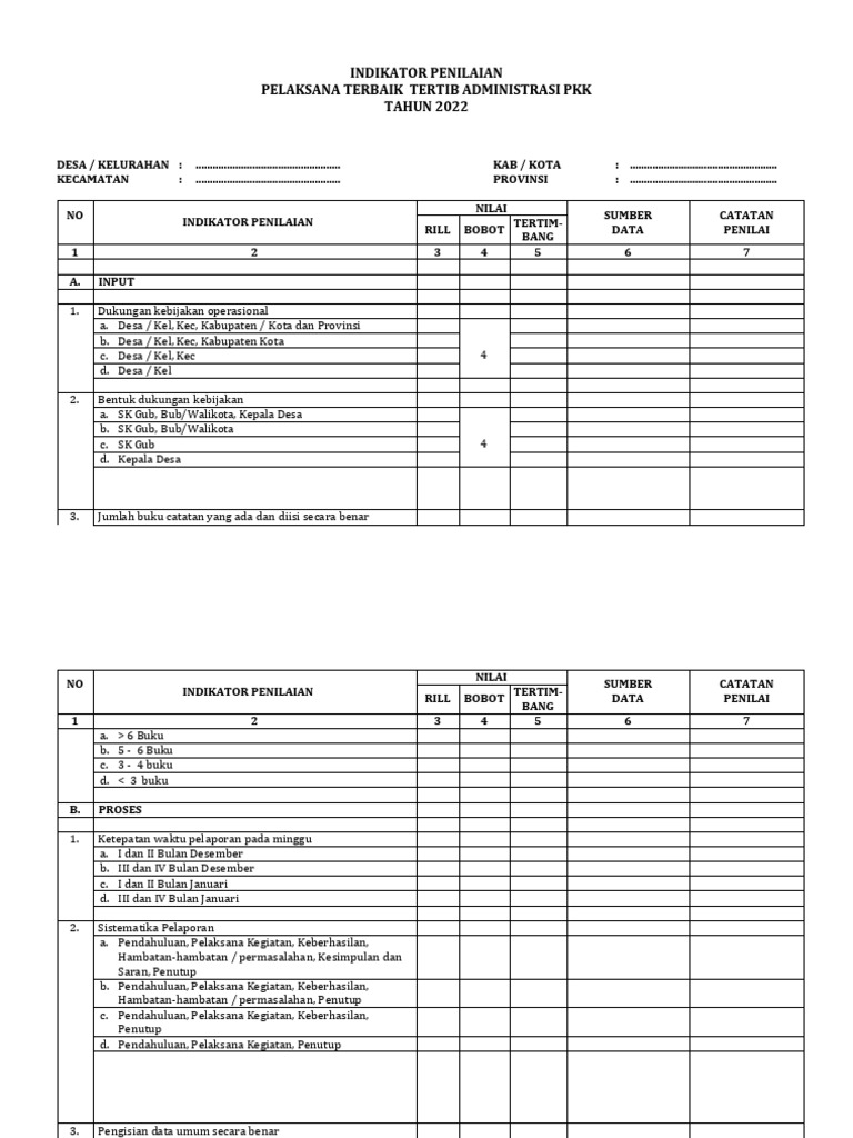 Format Penilaian Tata Tertib Adm PKK 2022 | PDF