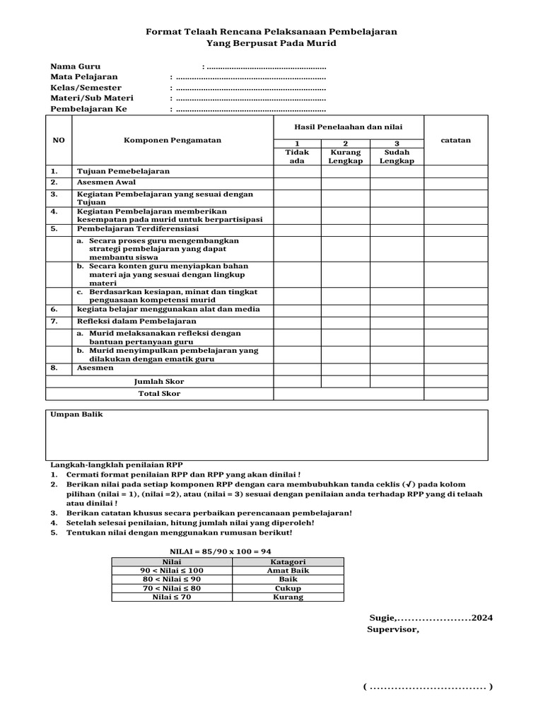 Format Telaah Rencana Pelaksanaan Pembelajaran | PDF