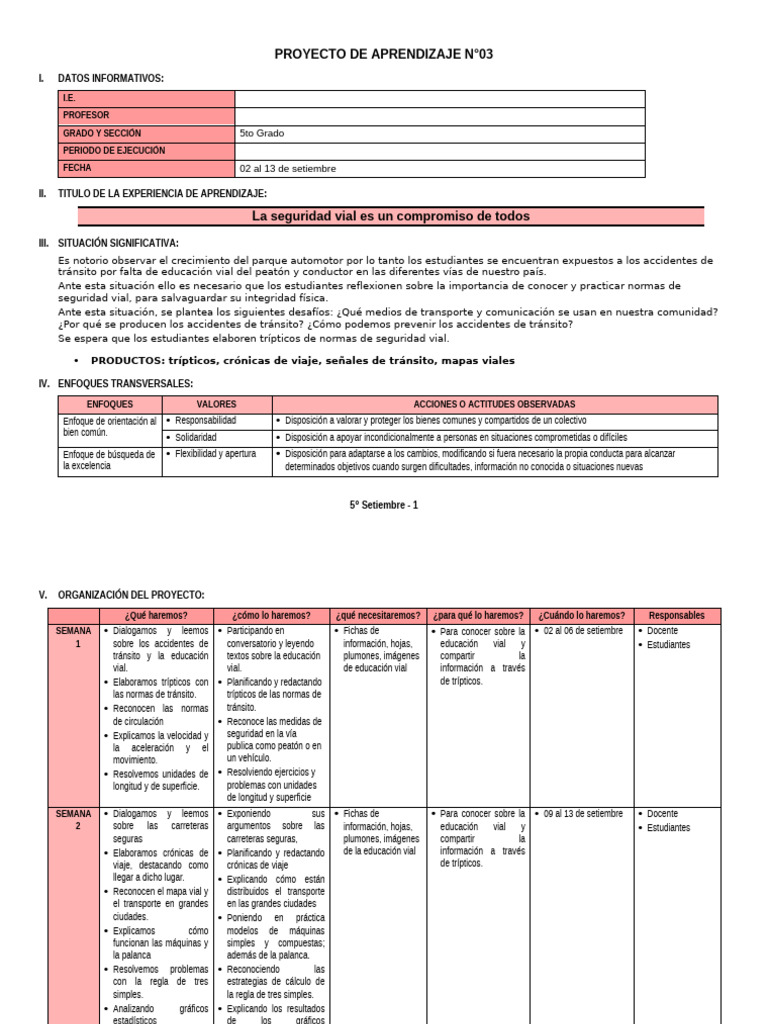 5° Grado - Proyecto de Aprendizaje N°03 | PDF