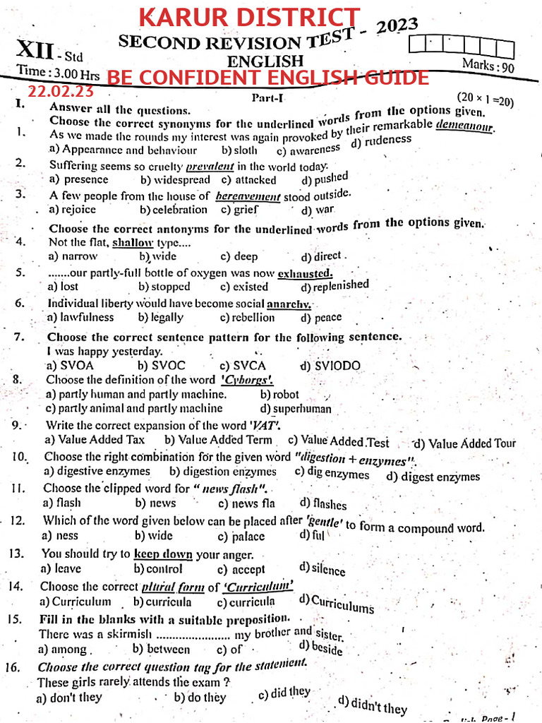 12th English 2nd Revision Exam 2023 Original Question Paper With Answer Keys Karur District ...