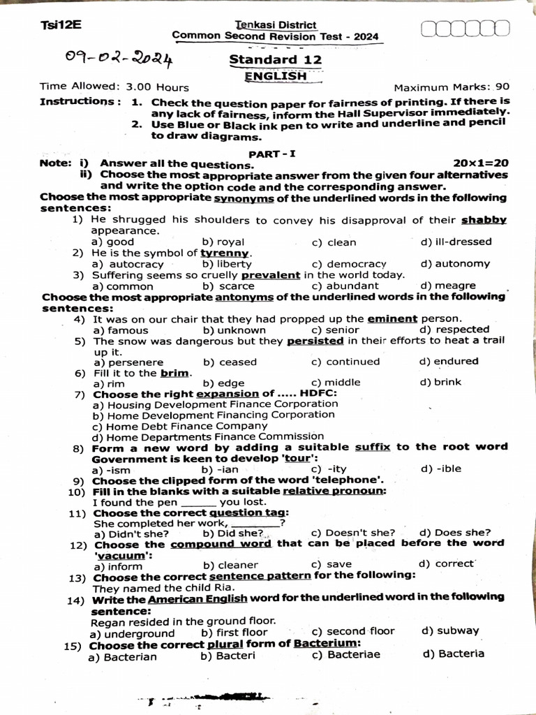 12th English 2nd Revision Exam 2024 Question Paper Thenkasi District ...