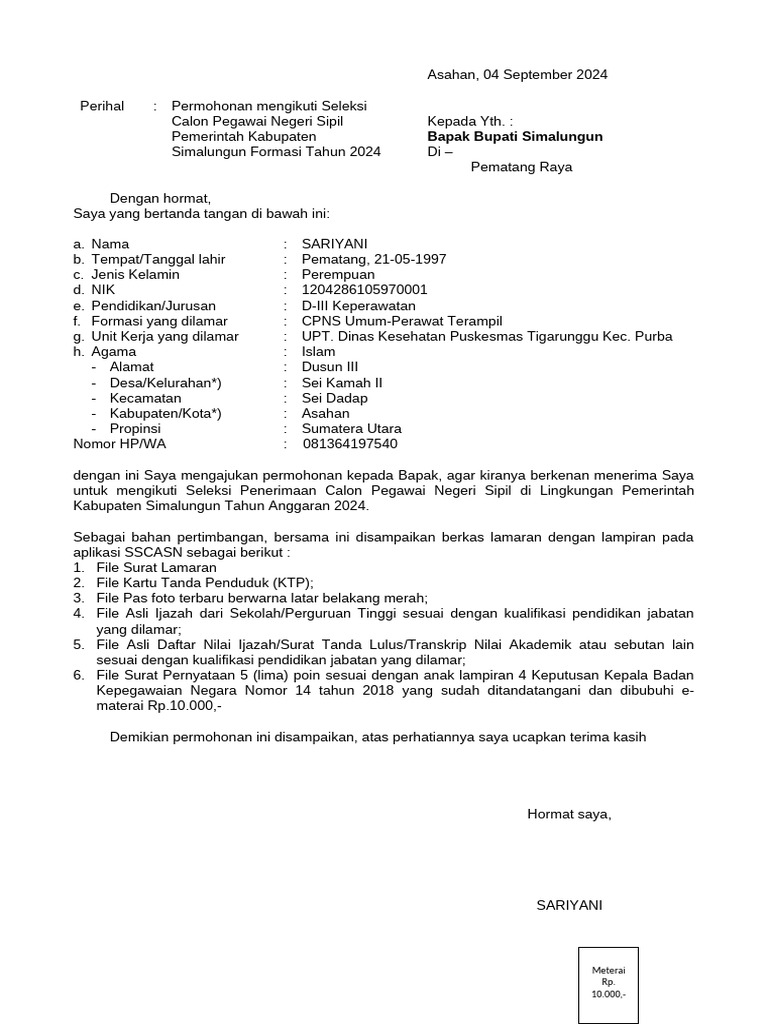 Surat Lamaran Sari Yani | PDF