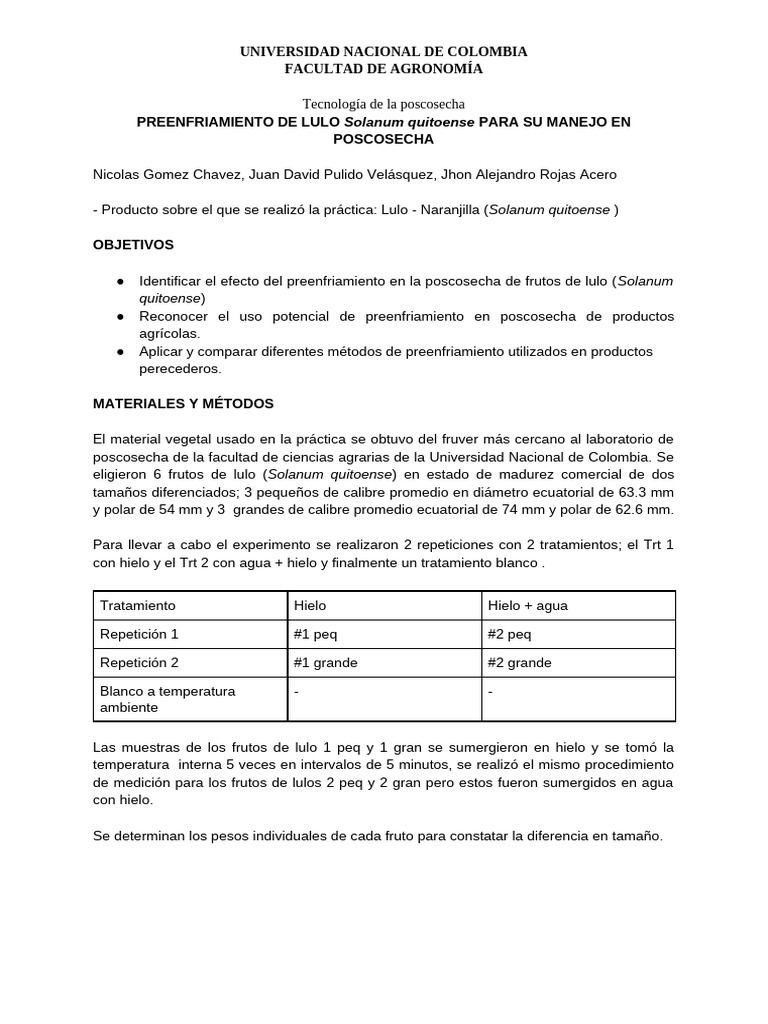 Preenfriamiento de Lulo Solanum Quitoense para Su Manejo en Poscosecha ... Preenfriamiento de Lulo Solanum Quitoense para Su Manejo en Poscosecha ...