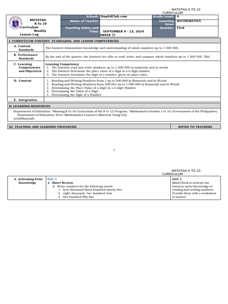 DLL Matatag - Math 4 Q1 W7 | PDF