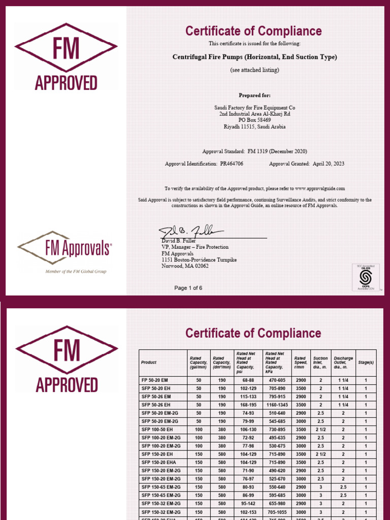 Certificate of Compliance: Centrifugal Fire Pumps (Horizontal, End ...
