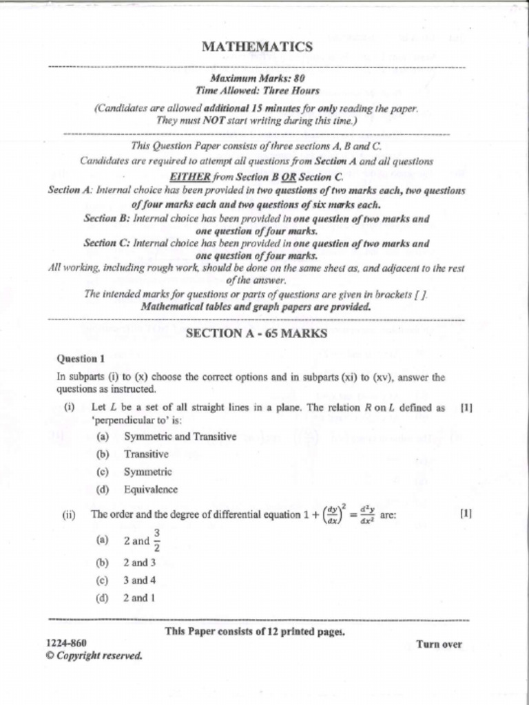 ISC Class 12 Mathematics PYQ 2024 | PDF