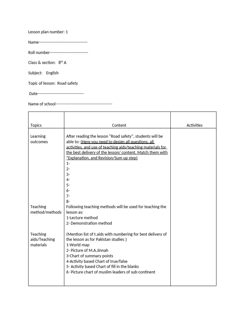 Format of Lesson Plan. Teaching Practice | PDF | Lesson Plan | Teaching ...