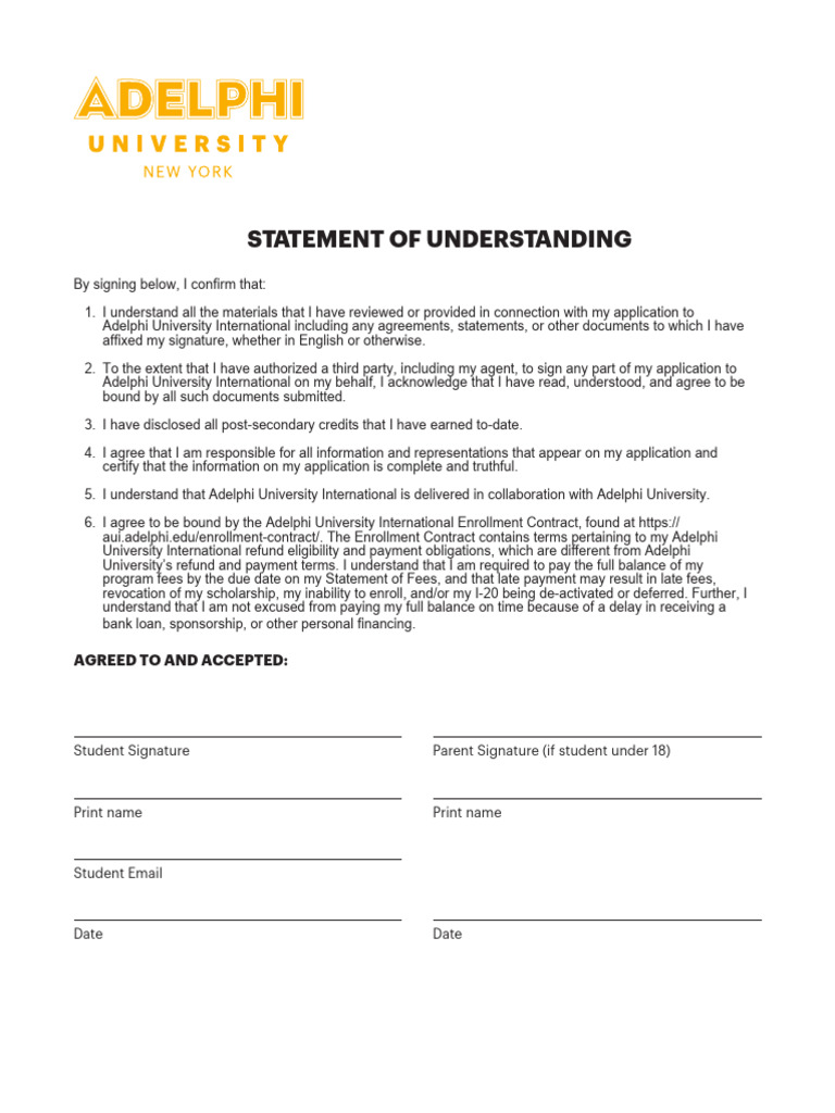 Adelphi University Statement of Understanding | PDF