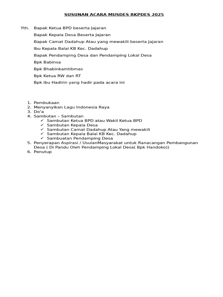 Susunan Acara Musdes Rkpdes 2025 | PDF