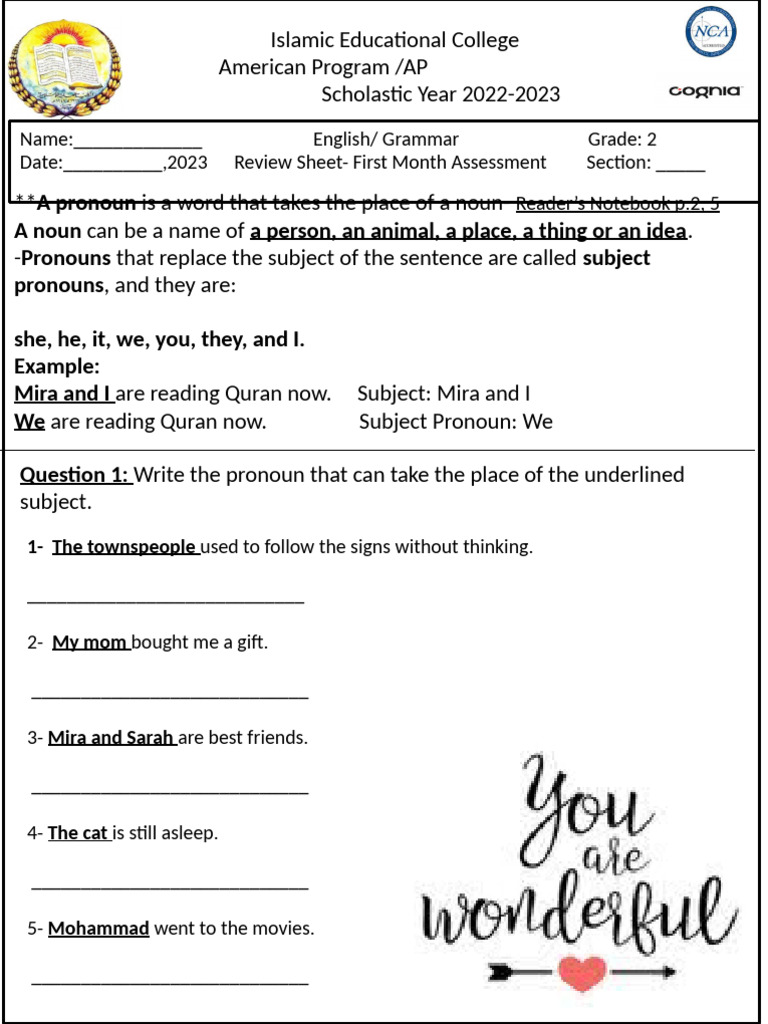 Grammar Review Sheet First Month Assessment | PDF