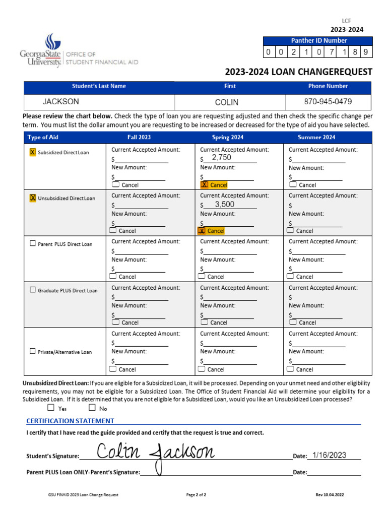 Gsu Loan Change Form 23-24 (Signed) | PDF