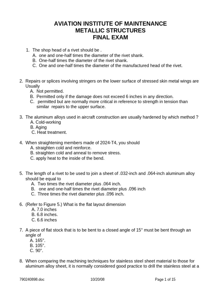AMT 1201 Metallic Structures Final Exam | PDF