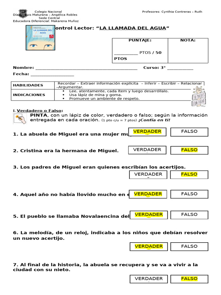 CONTROL LECTOR LA LLAMADA DEL AGUA (RESPUESTAS) | PDF