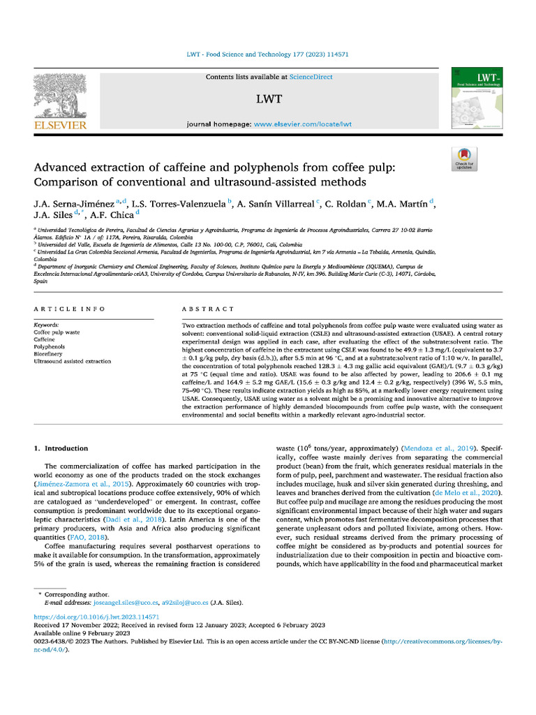 Advanced Extraction of Caffeine and Polyphenols From Coffee Pulp | PDF