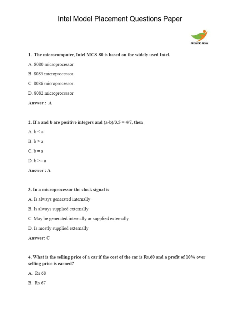 Intel Model Placement Questions Paper | PDF