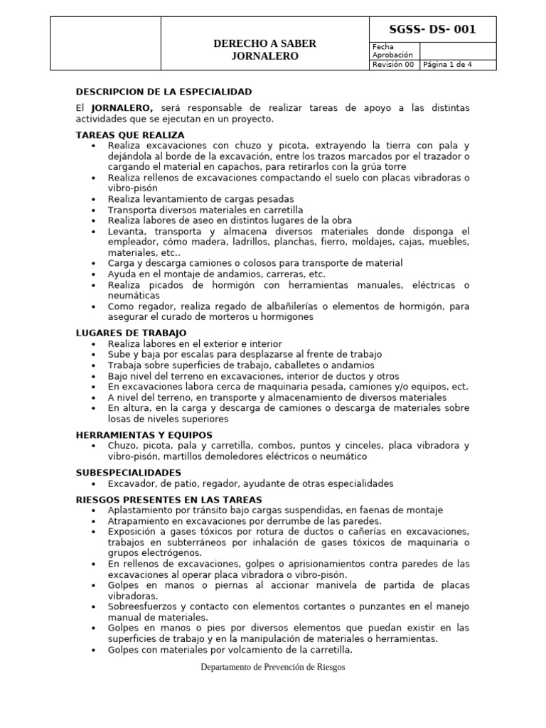 SGSS-DS-001 Derecho a saber jornalero | PDF