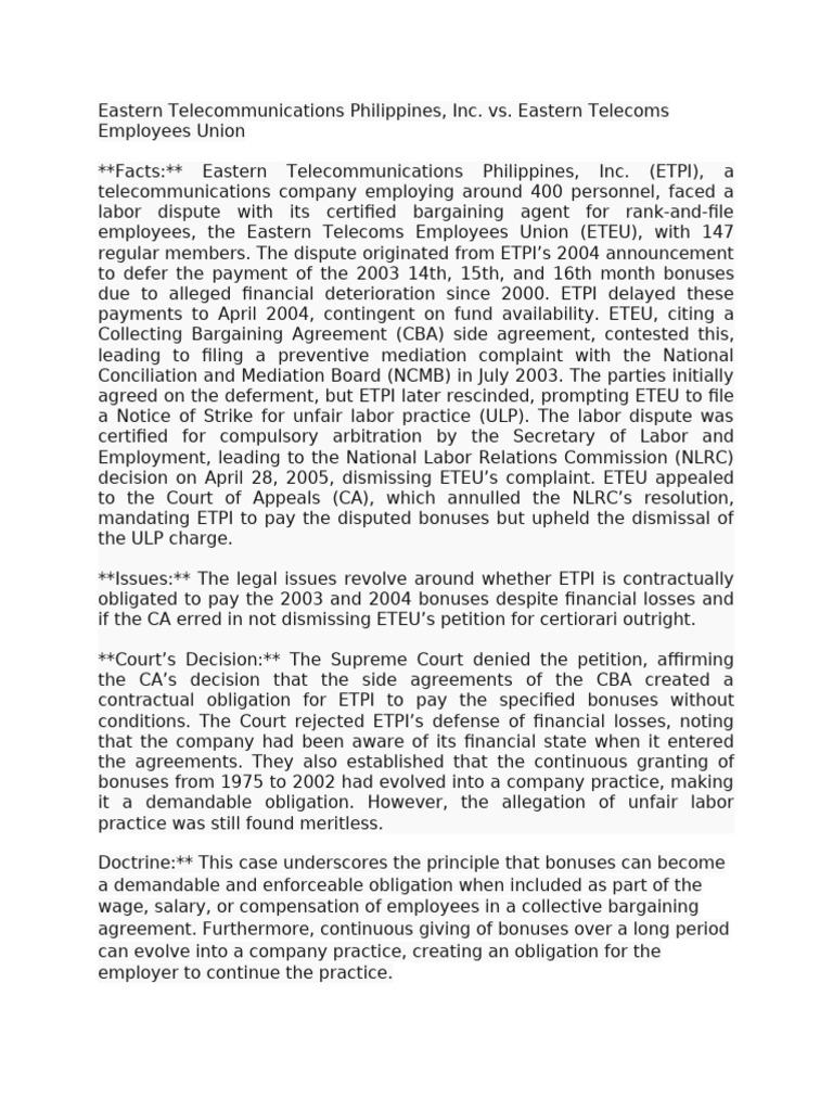 Eastern Telecommunications Philippines Vs East Telecom Employee Union | PDF