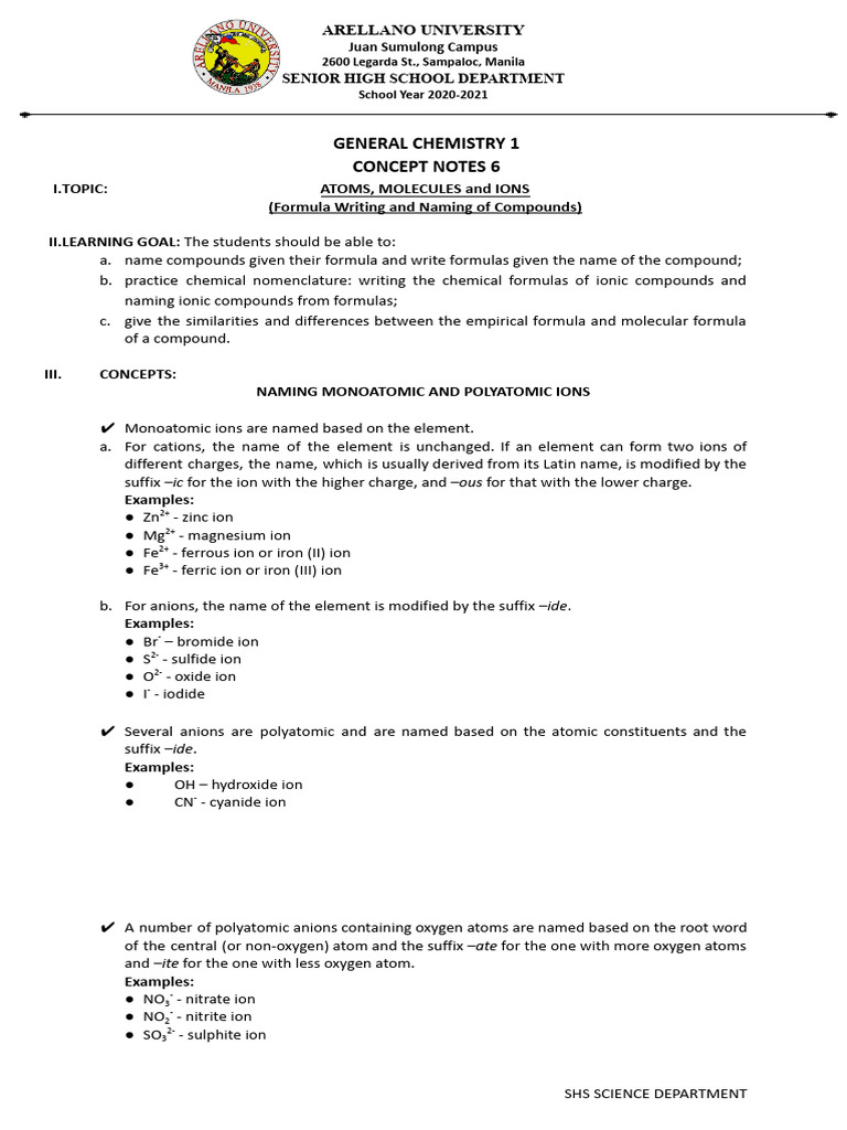 Concept Notes For Lesson 6 - Formula Writing and Naming of Compounds | PDF