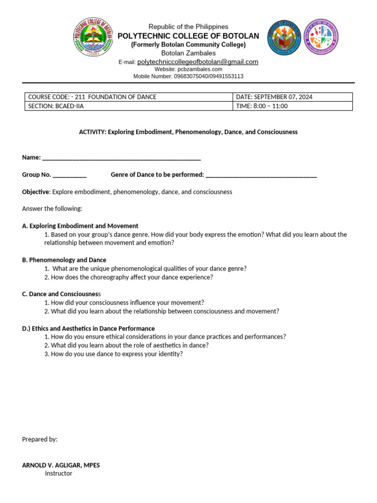 PCB Caed 211 Foundation of Dance Activity Sheet | PDF