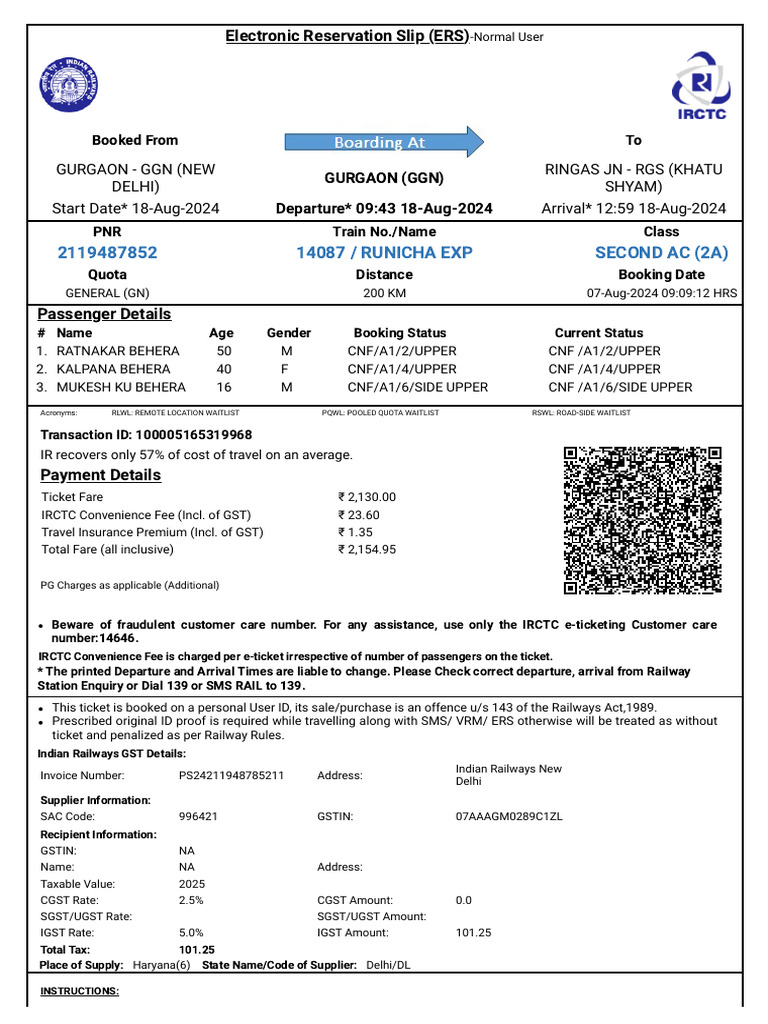 Runicha Exp Second Ac (2A) : Electronic Reservation Slip (ERS) | PDF