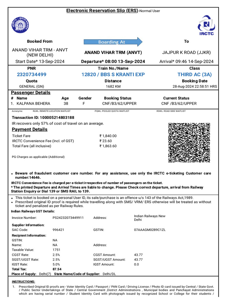 Bbs S Kranti Exp Third Ac (3A) : Electronic Reservation Slip (ERS) | PDF